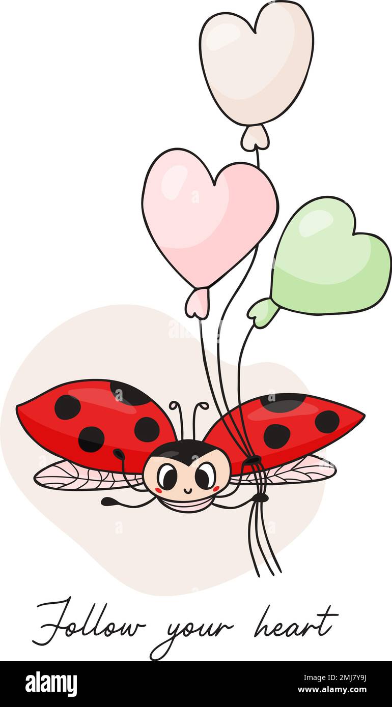 Cool card with ladybug. Cute insect ladybird with balloons. Follow your ...