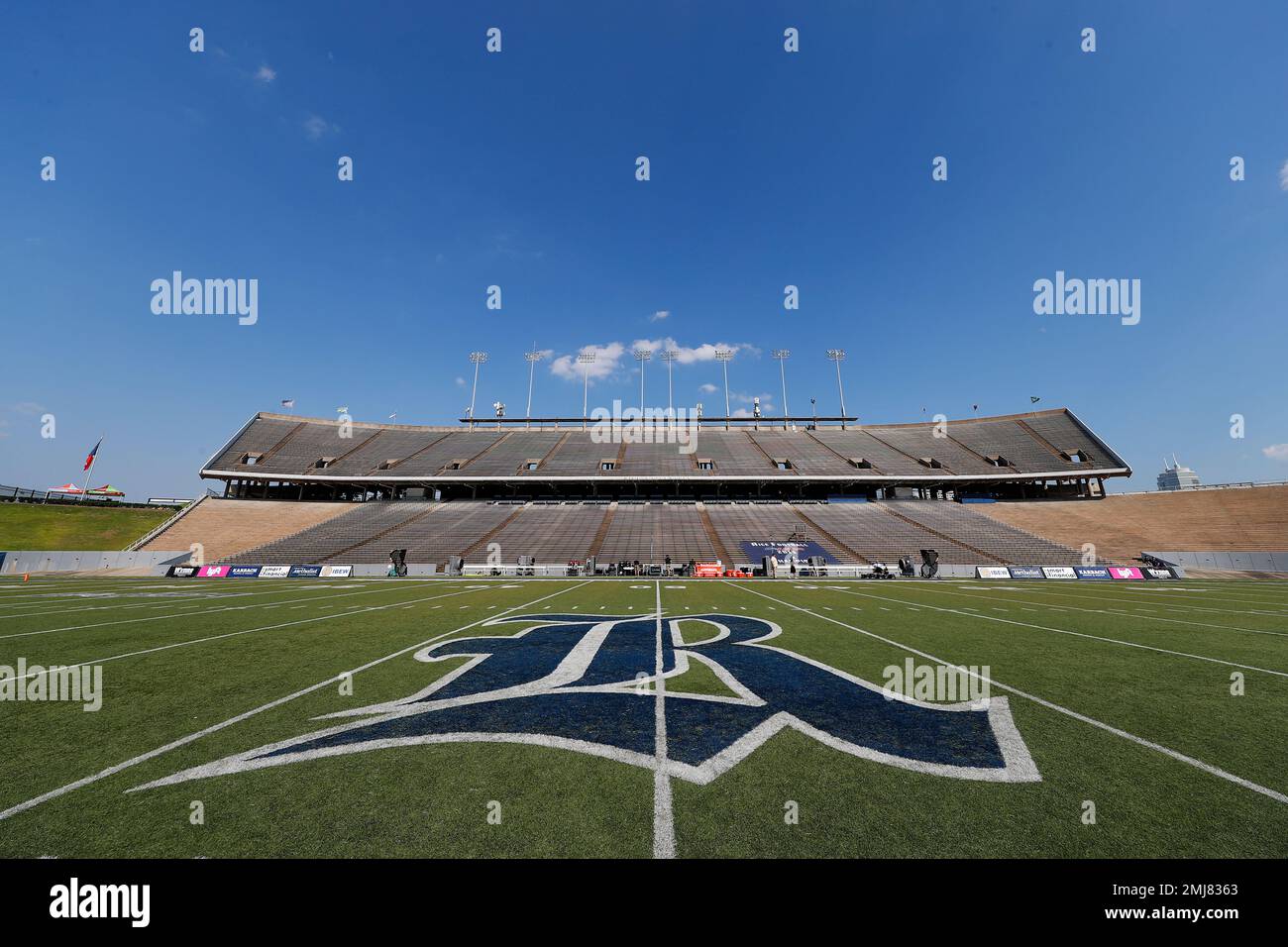 Rice University logo is seen at midfield at Rice Stadium in a general ...