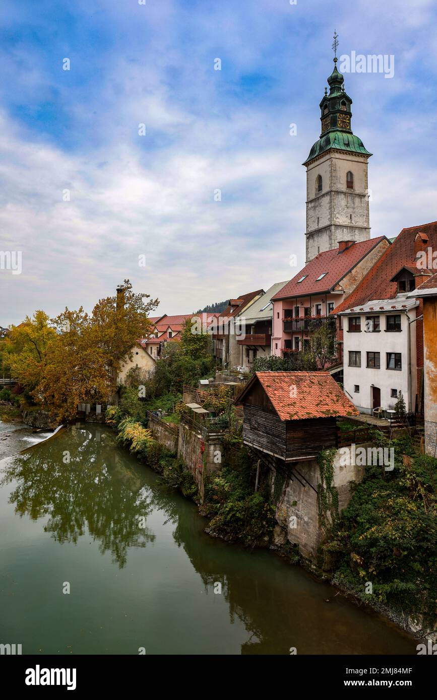 Skofja Loka with the river and St. Jacob Church, as seen from the Novi ...