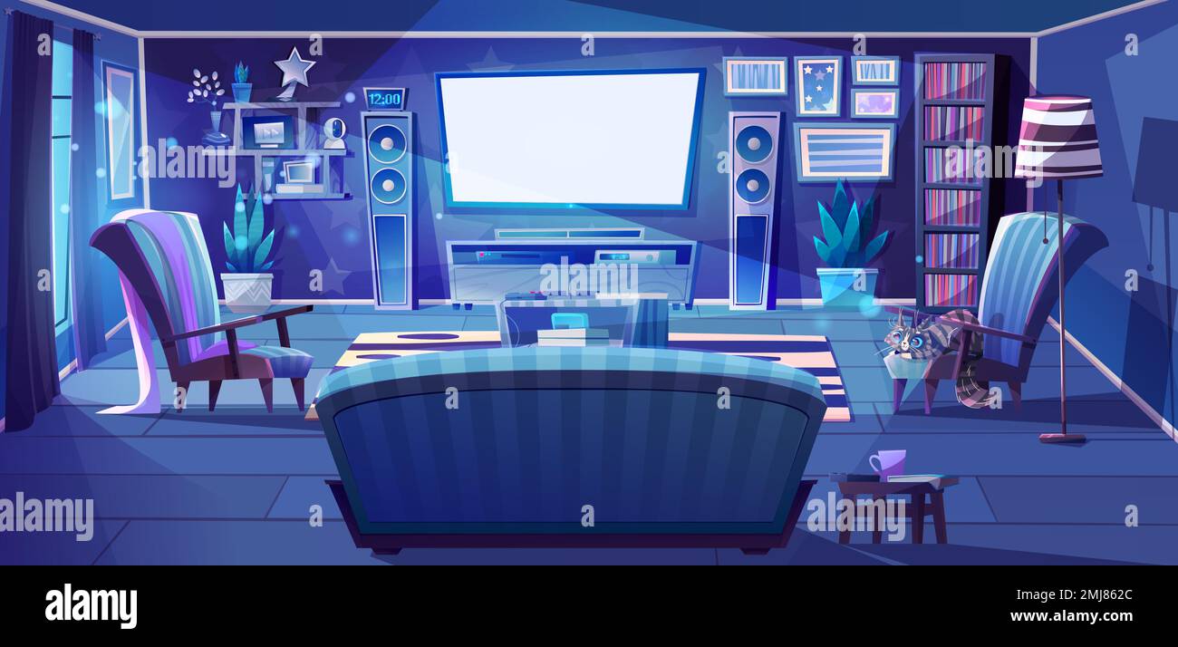 Living room with tv and game console with joysticks at night. Empty ...