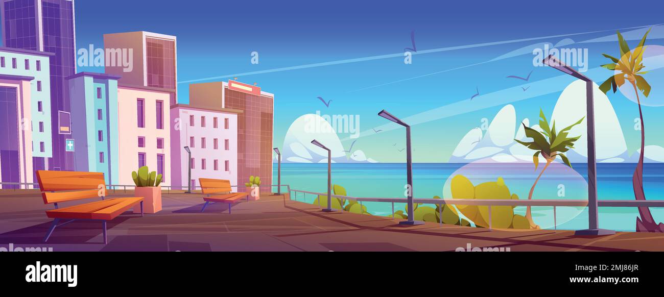 City street with buildings and embankment. Urban landscape of tropical ...