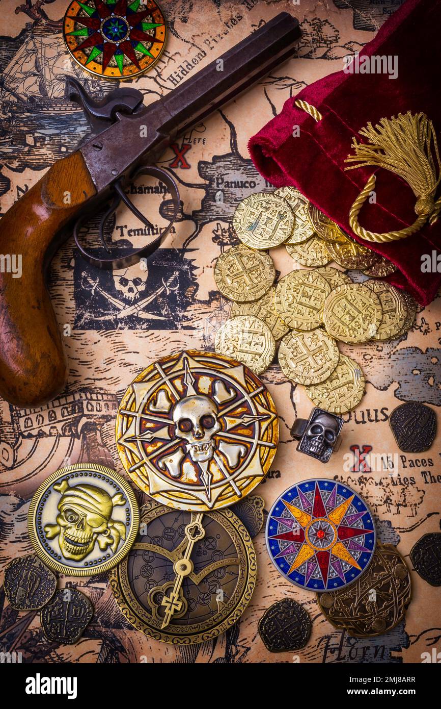 Gold Coins On Pirate Map Stock Photo - Alamy