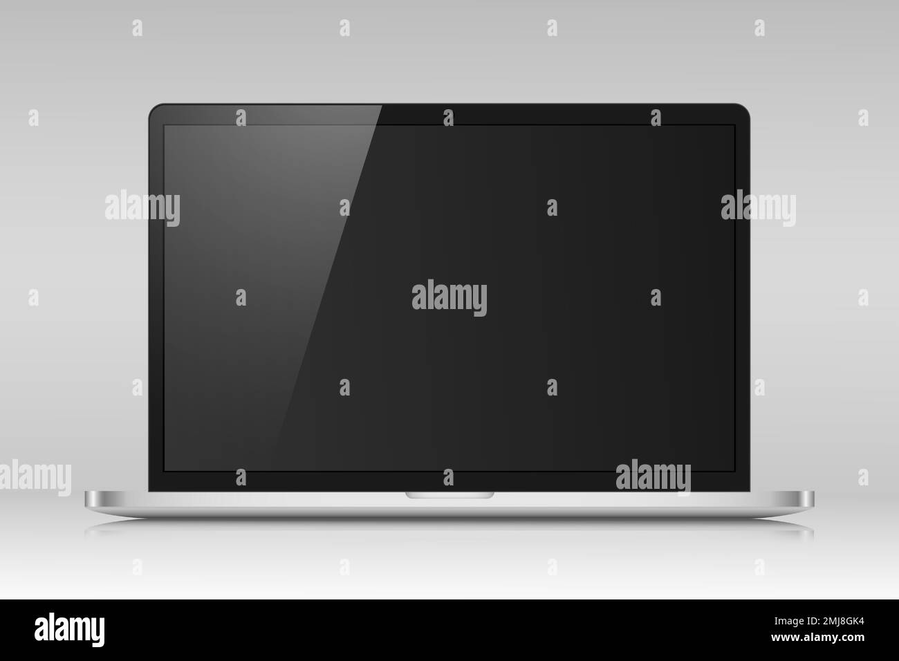 Realistic laptop layout with a black screen and reflection on a gray ...