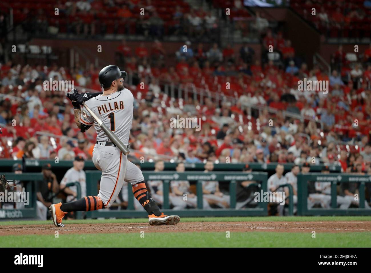 San Francisco Giants' Kevin Pillar watches his two-run home run during ...