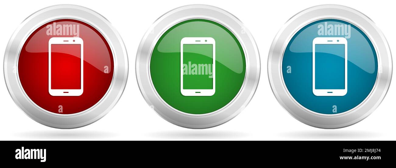 Smartphone vector icon set. Red, blue and green silver metallic web ...