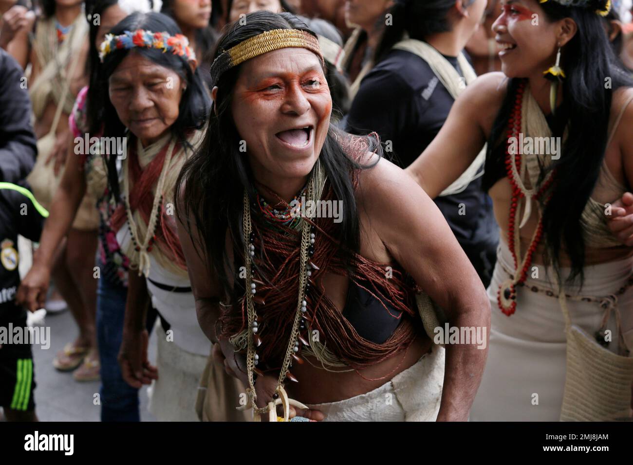 Waorani Indigenous women dance during a demonstration in front of ...