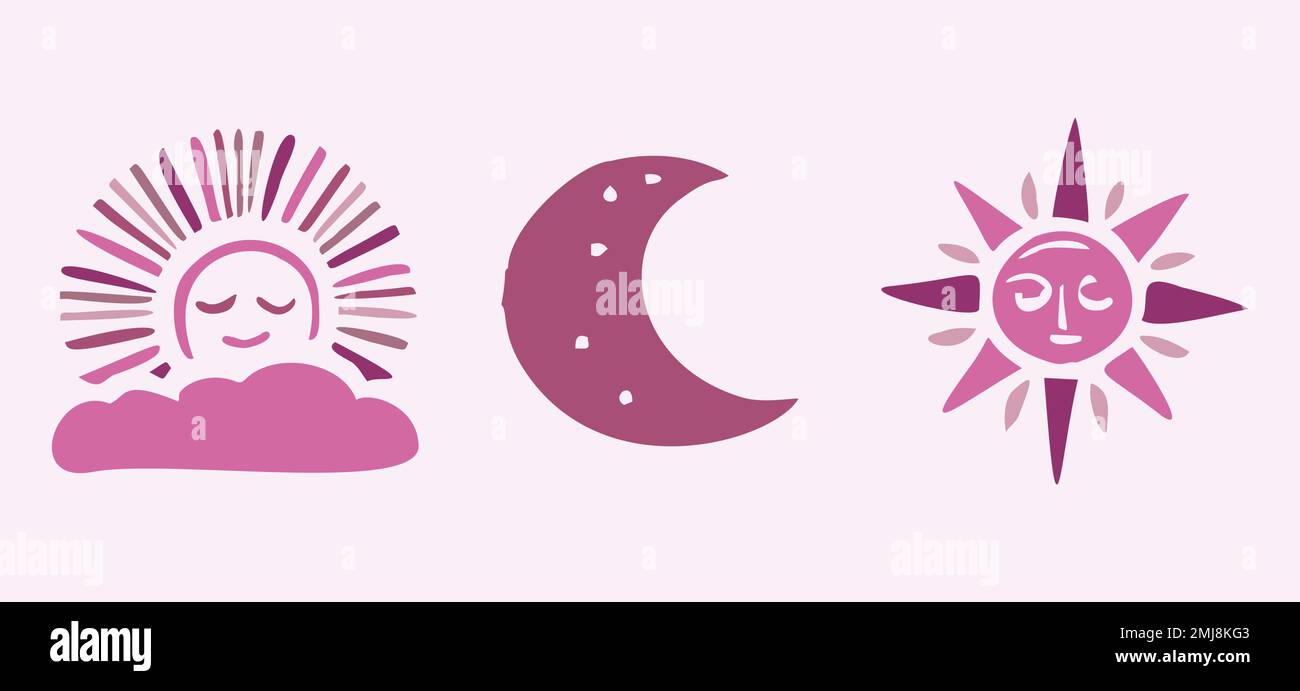 Cute whimsical sun and moon set of vector motifs. Illustration of night ...
