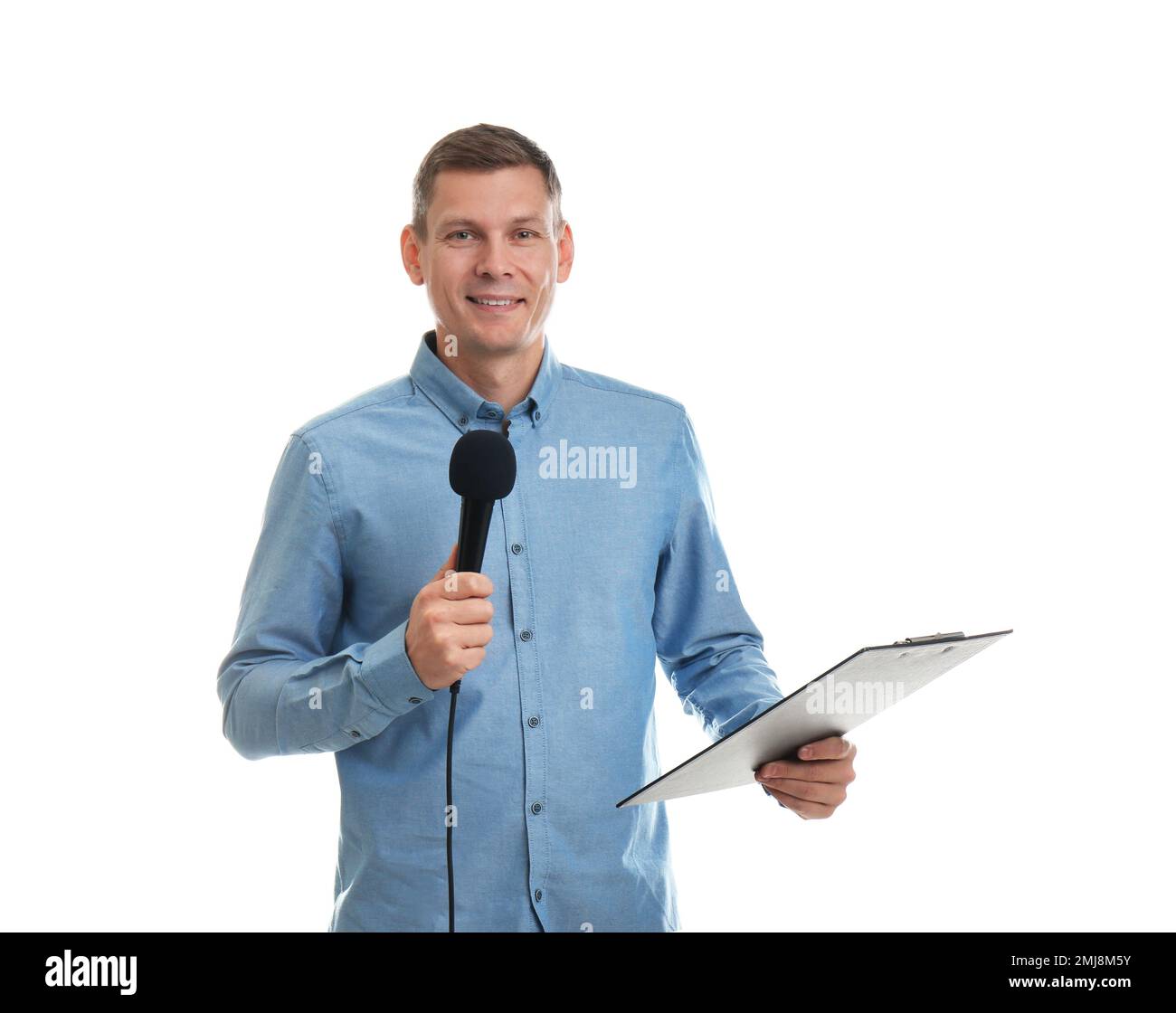 Male journalist with microphone and clipboard on white background Stock ...