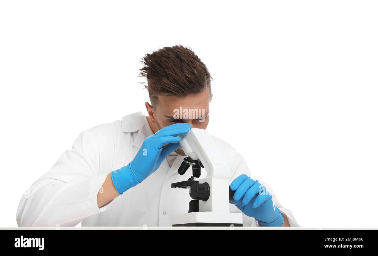 Scientist using modern microscope at table isolated on white. Medical ...