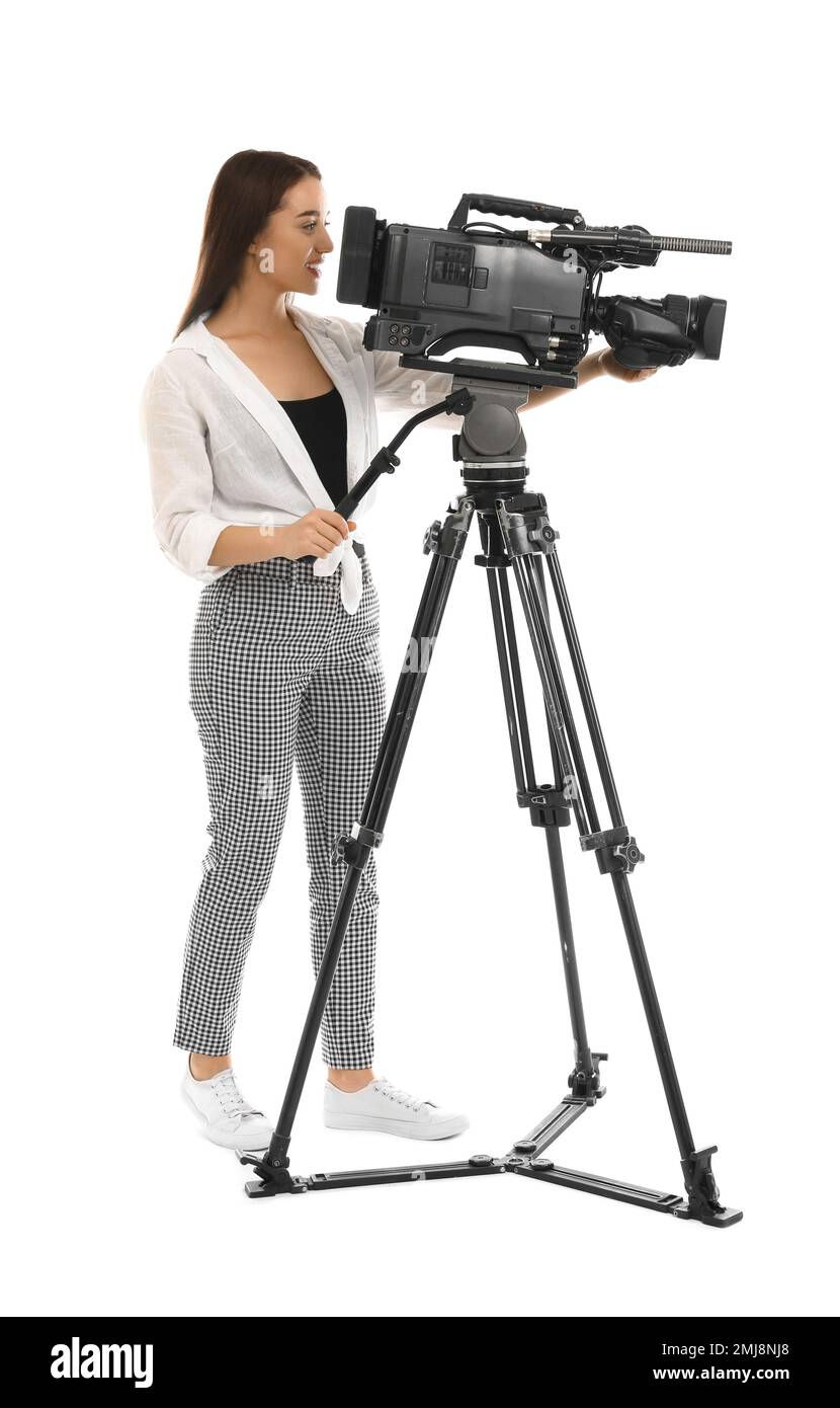 Operator with professional video camera on white background Stock Photo ...