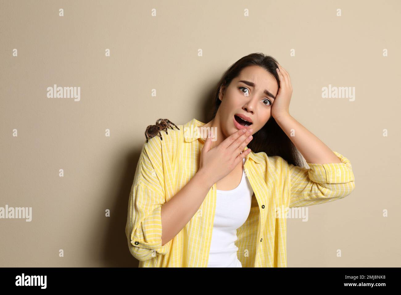 Scared young woman with tarantula on beige background. Arachnophobia ...