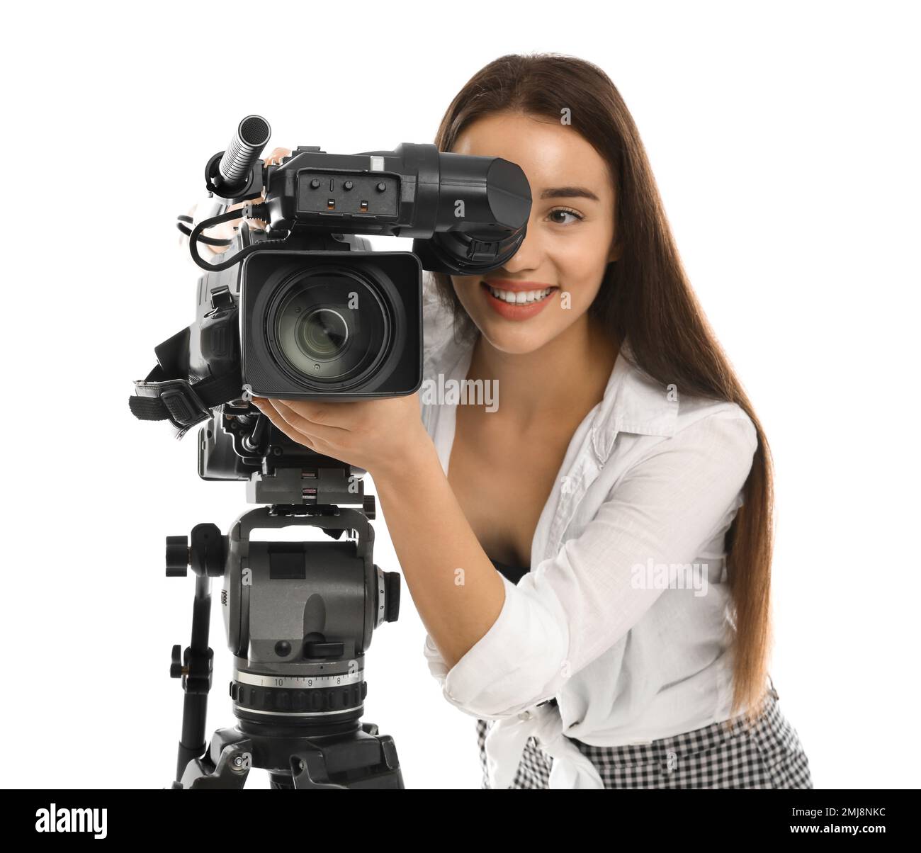 Operator with professional video camera on white background Stock Photo ...