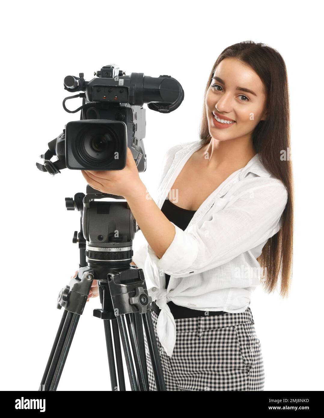 Operator with professional video camera on white background Stock Photo ...