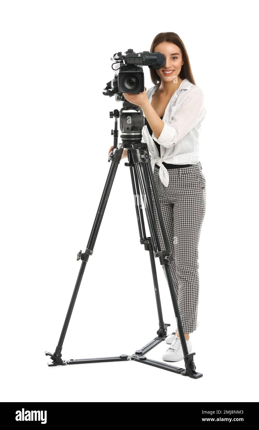 Operator with professional video camera on white background Stock Photo ...