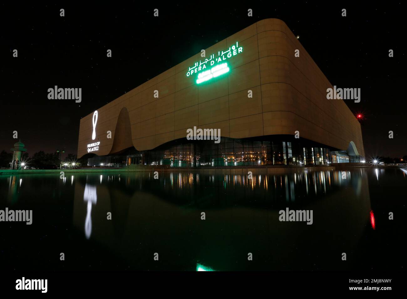 The 2022 Qatar World Cup logo is projected on the opera house of ...
