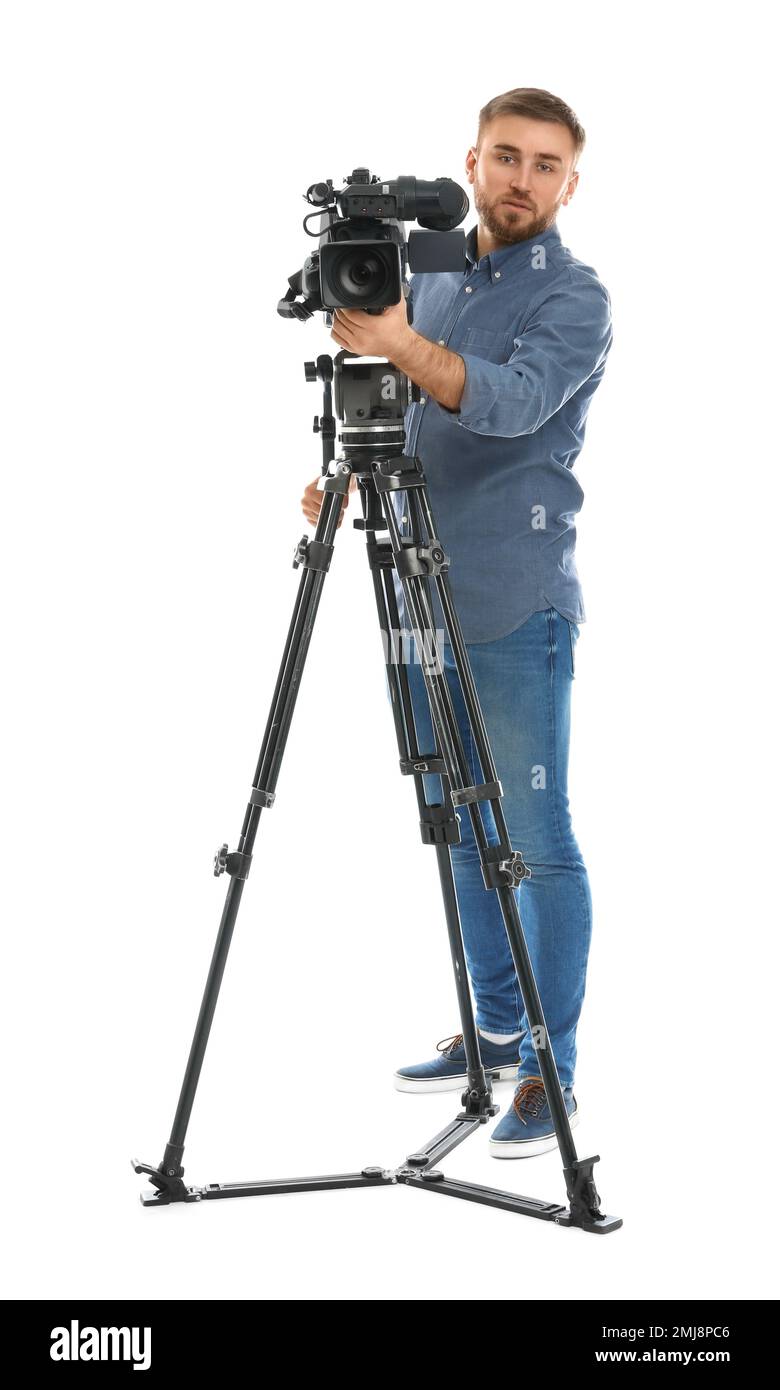 Operator with professional video camera on white background Stock Photo ...