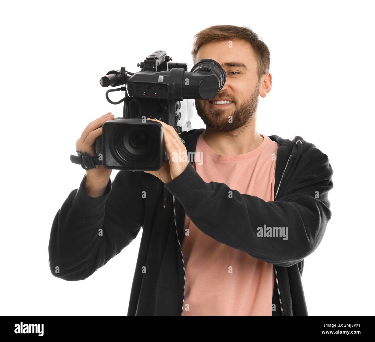 Operator with professional video camera on white background Stock Photo ...