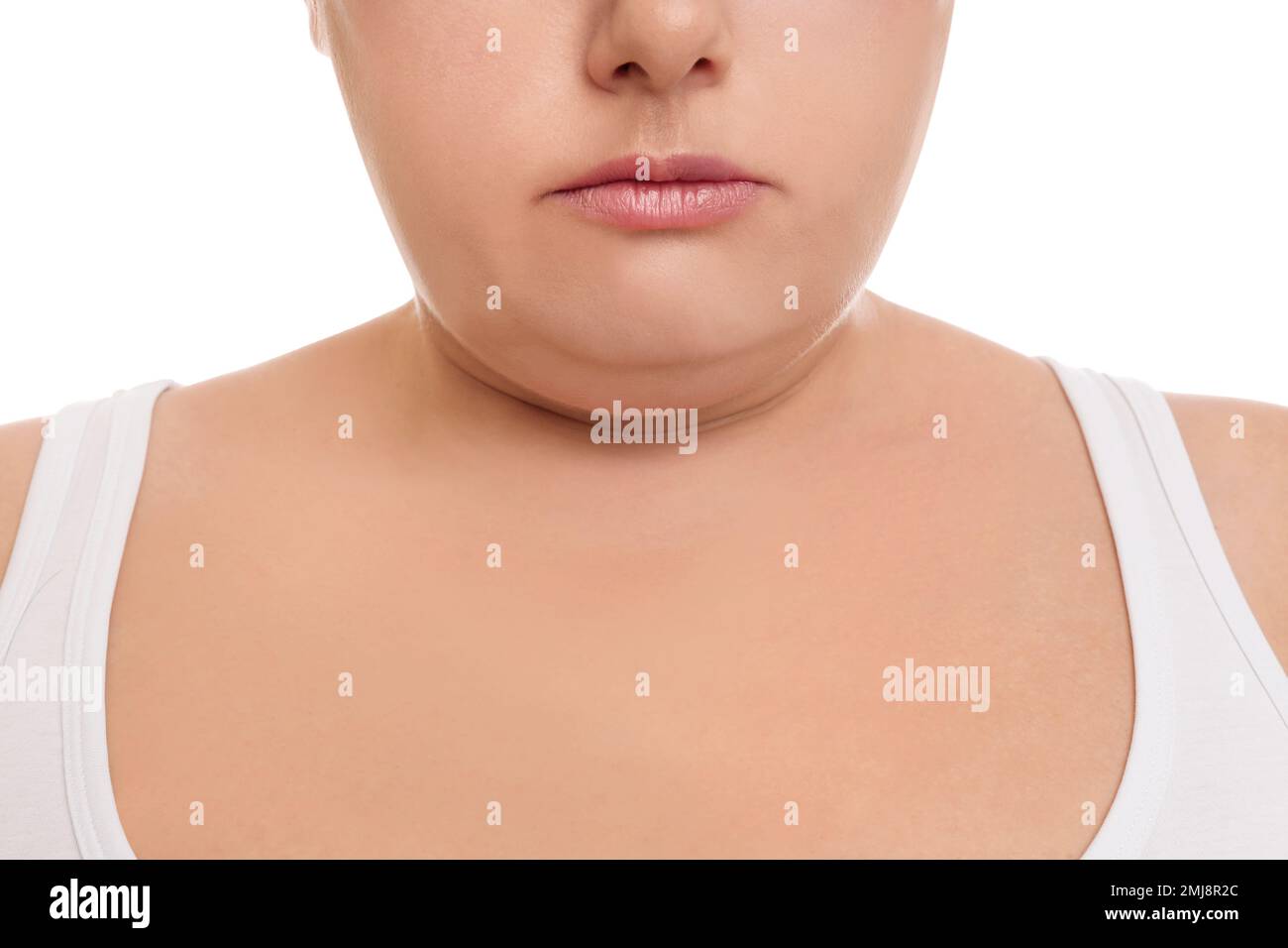Woman with double chin on white background, closeup Stock Photo - Alamy