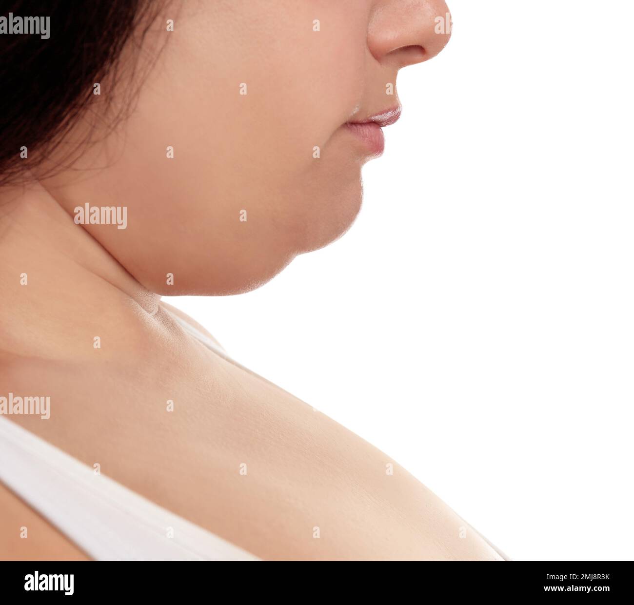 Woman with double chin on white background, closeup Stock Photo - Alamy