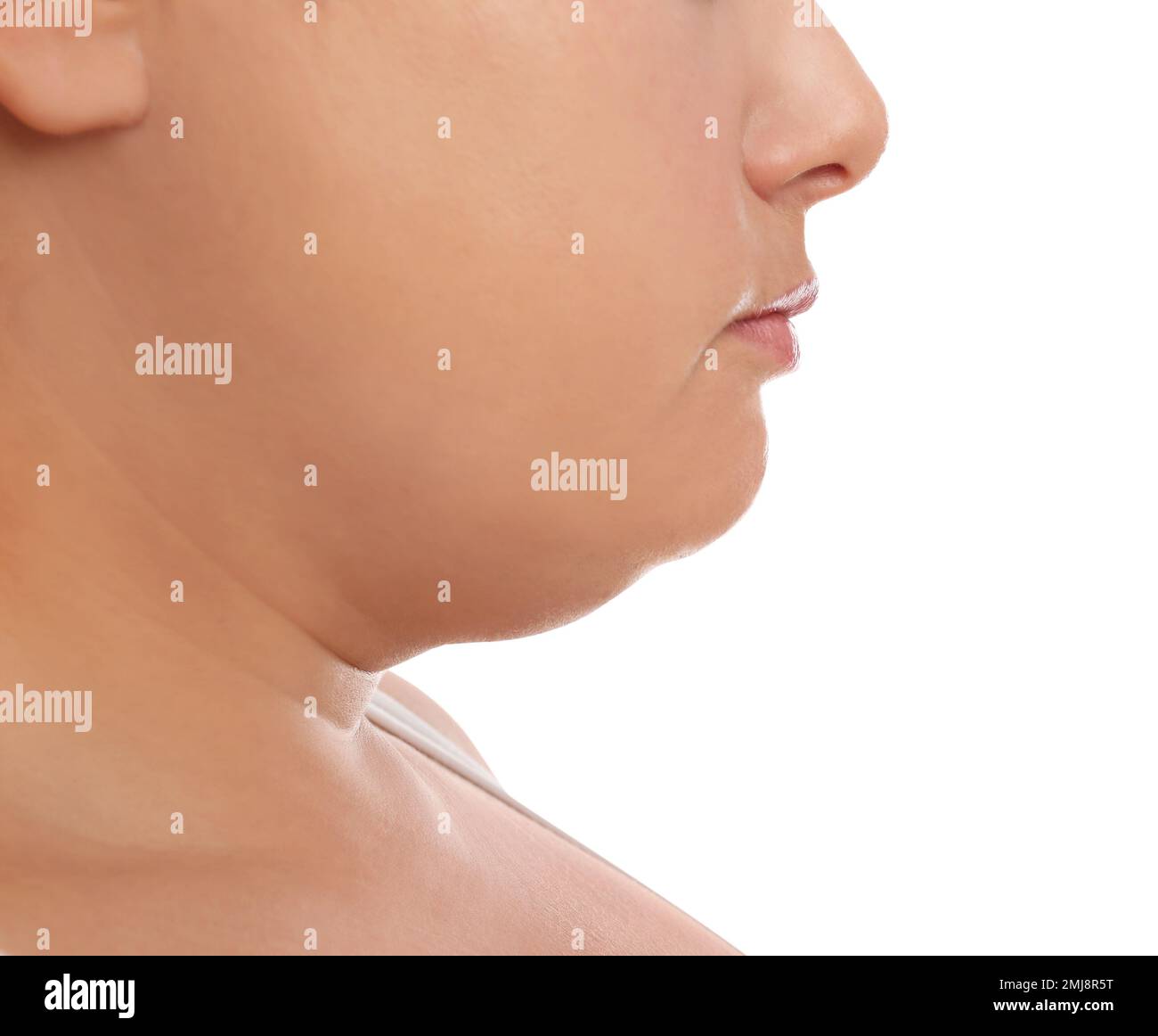 Woman with double chin on white background, closeup Stock Photo - Alamy