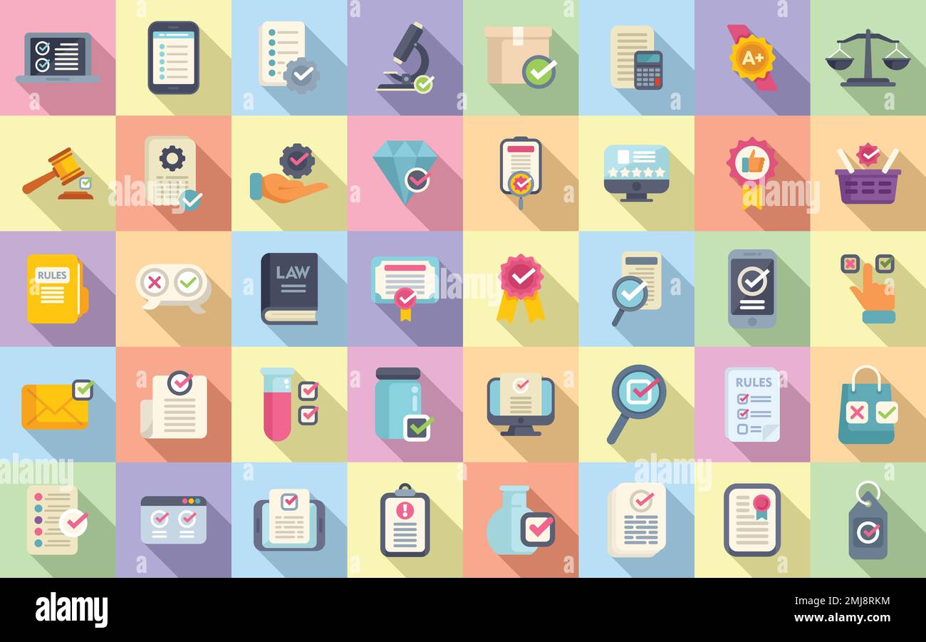 Regulated products icons set flat vector. Quality control. Safety test ...