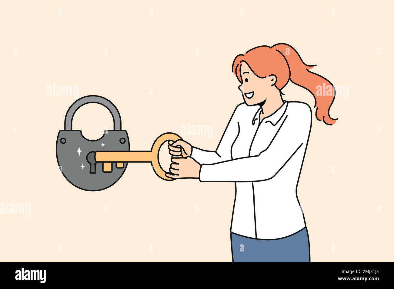 Smiling young woman open lock with huge key. Happy businesswoman use ...