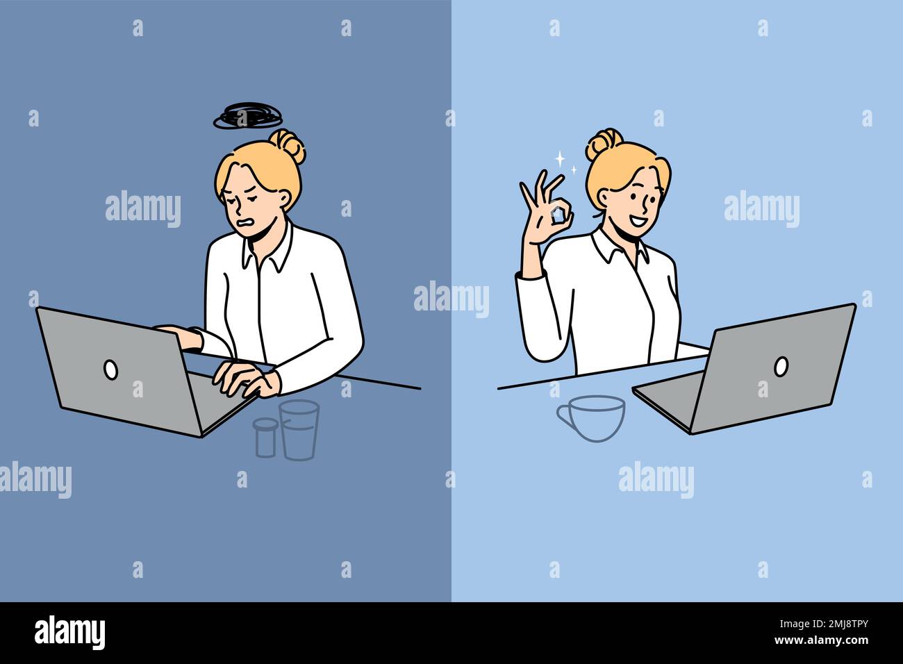 Businesswoman set work on laptop distressed overwhelmed with job versus ...