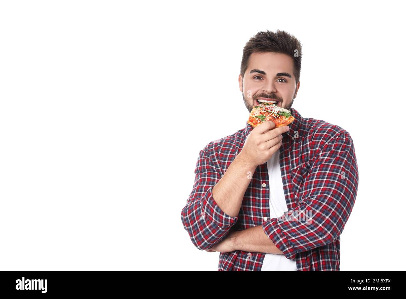 Handsome man eating pizza isolated on white Stock Photo - Alamy
