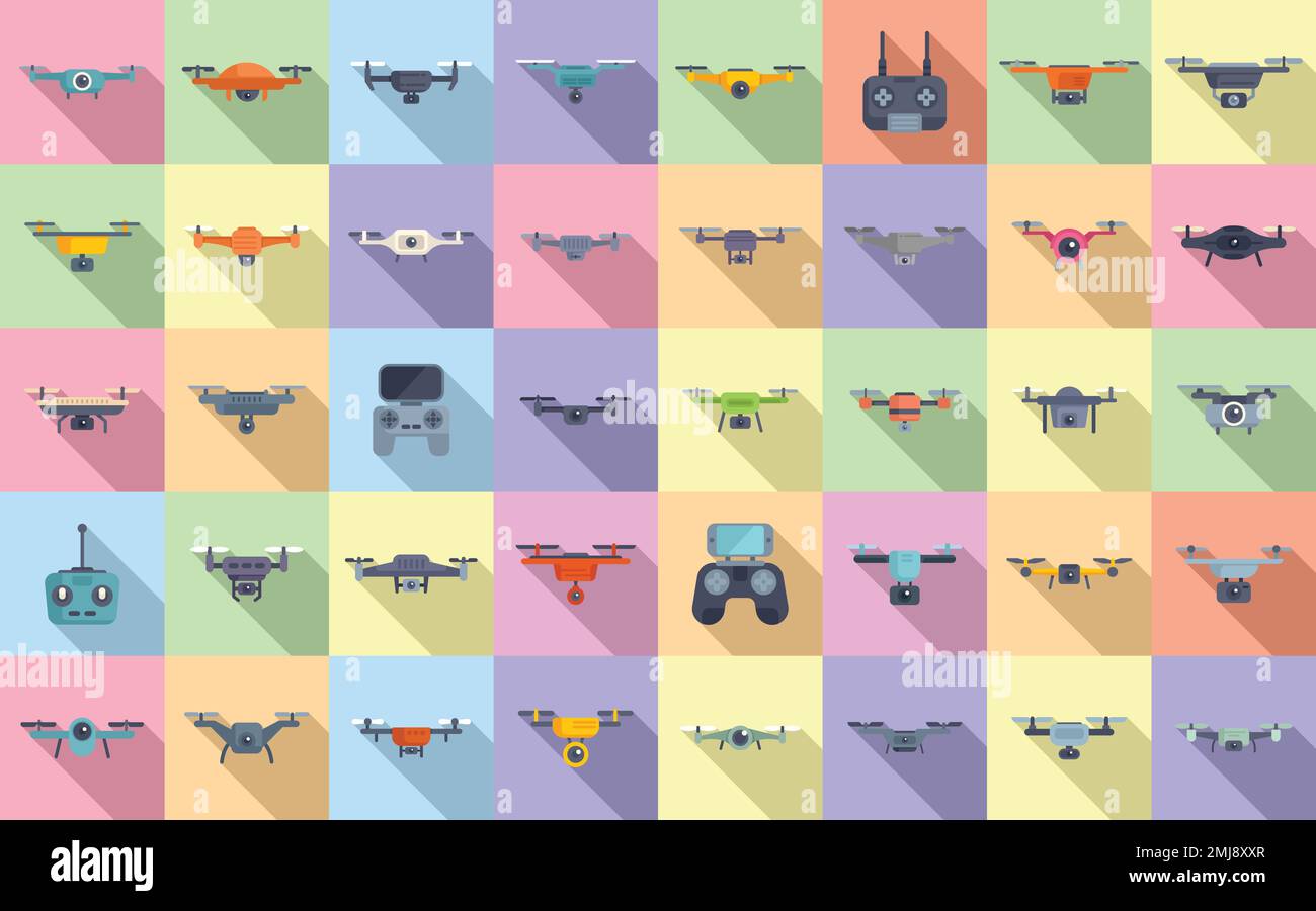 Aerial videography icons set flat vector. Drone camera. Aero filming ...
