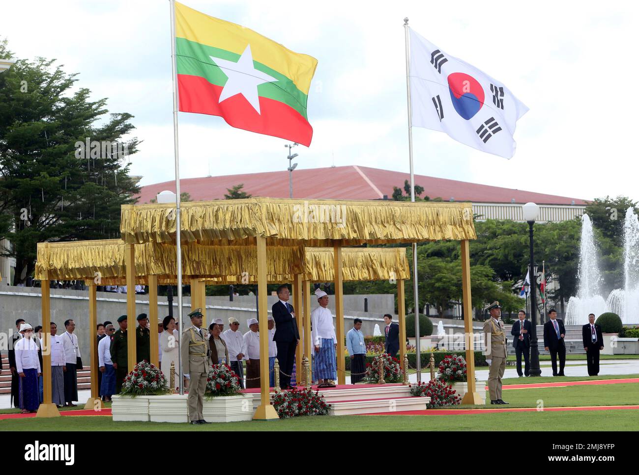 Myanmar's President Win Myint, center right, stands with South Korean ...