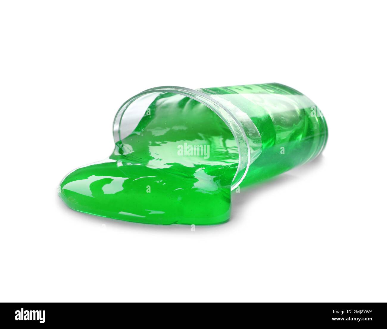 Overturned plastic container with green slime isolated on white ...