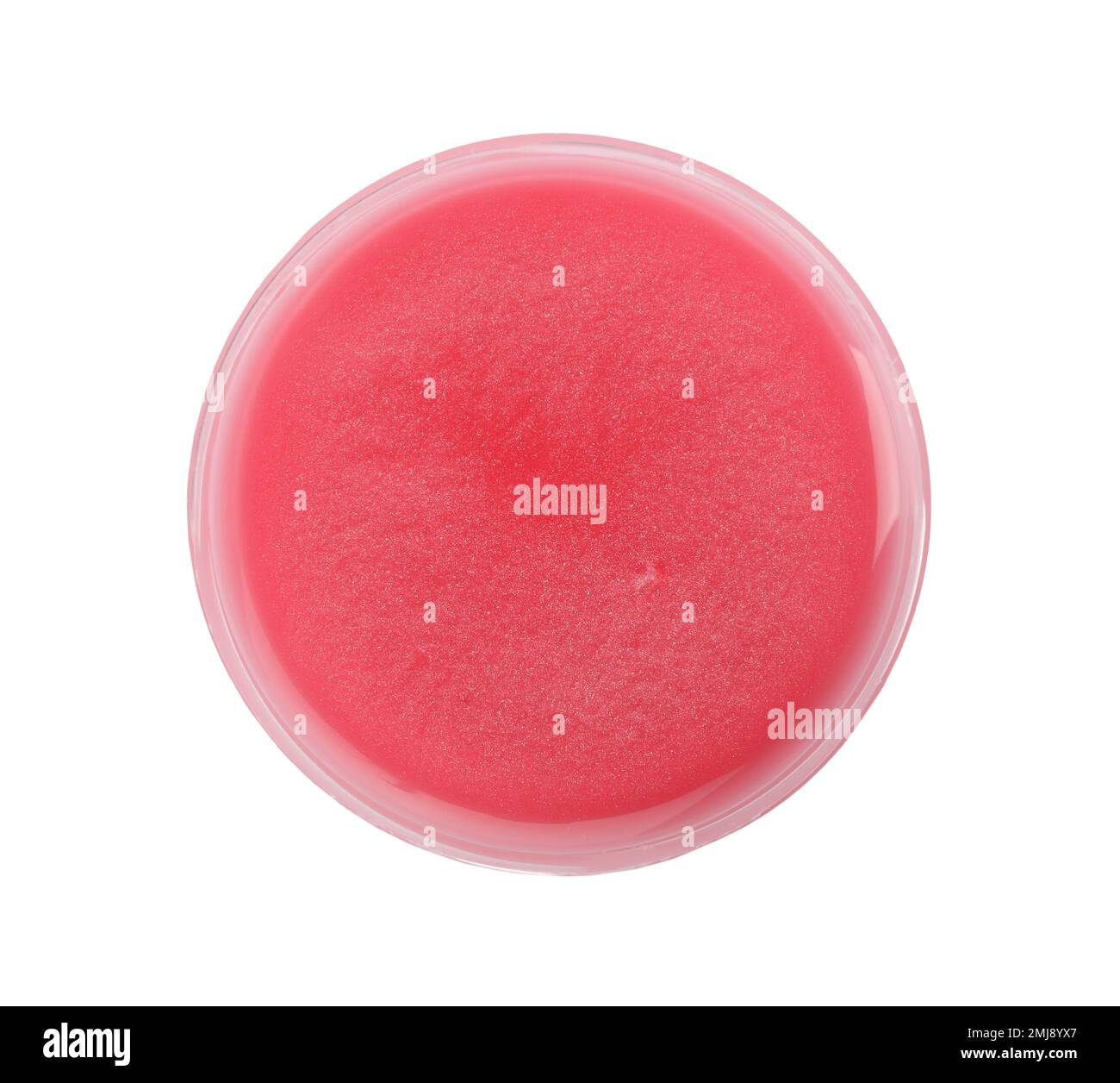 Red slime in plastic container isolated on white, top view. Antistress ...