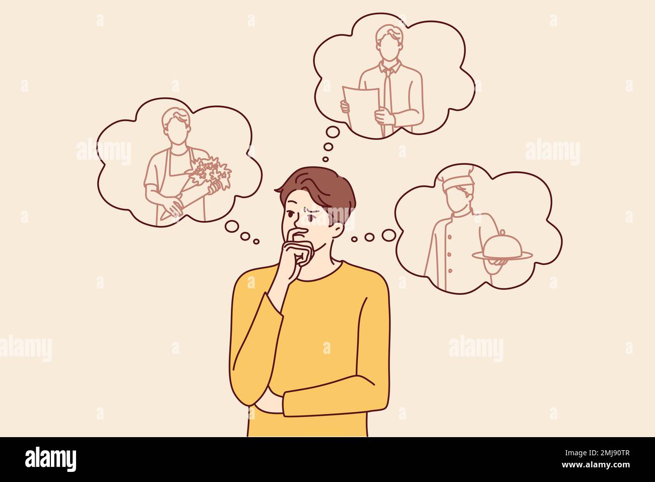 Thoughtful man making choice between different professions after ...