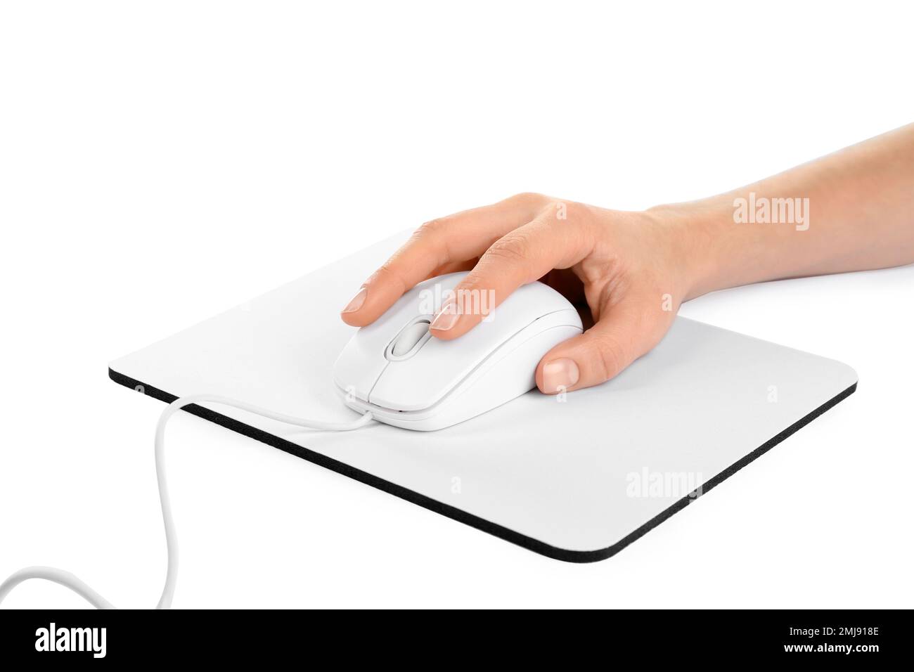 Woman with wired mouse and pad isolated on white, closeup Stock Photo ...