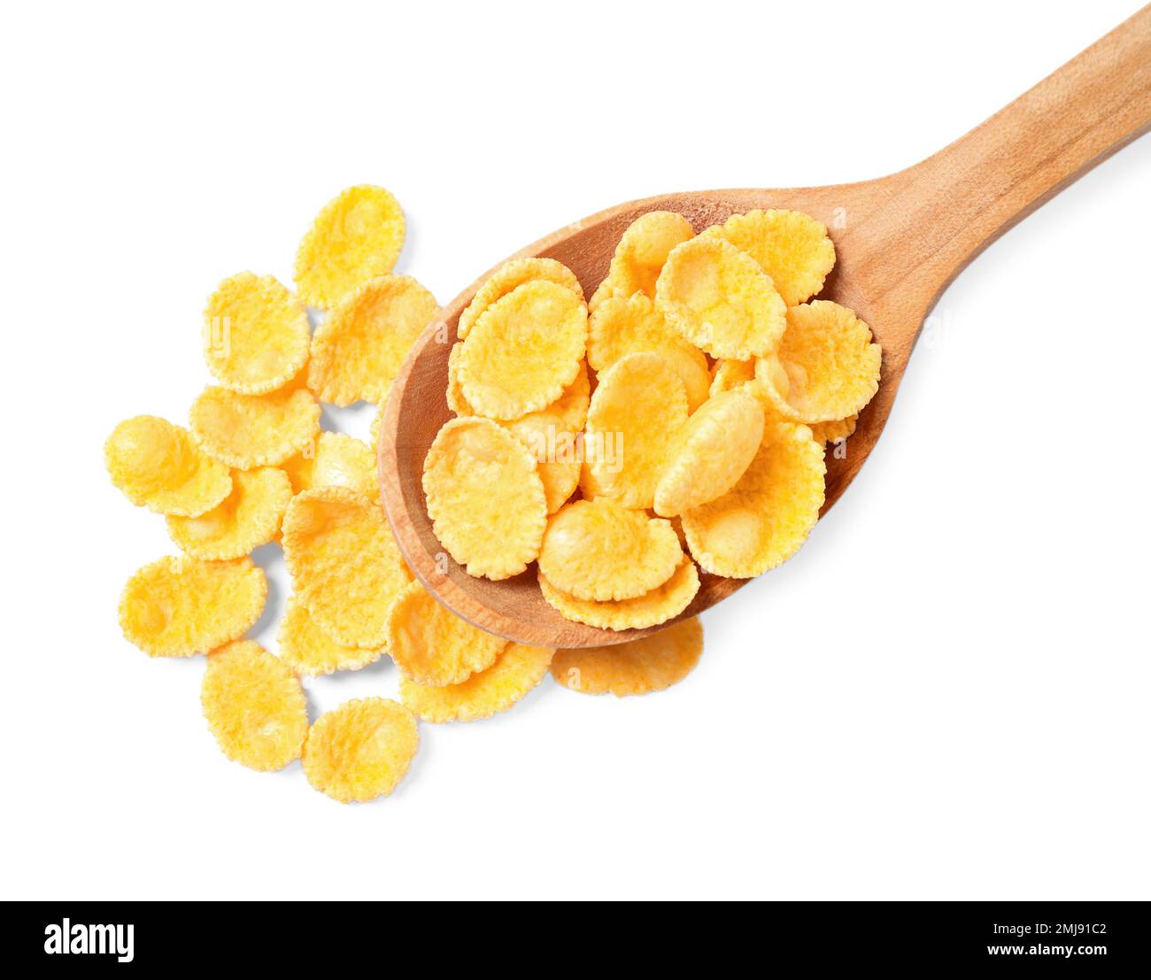 Wooden spoon of tasty corn flakes on white background, top view Stock ...