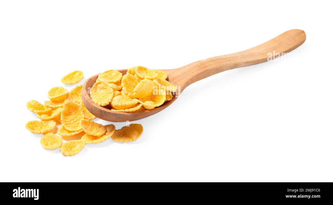 Wooden spoon of tasty corn flakes on white background Stock Photo - Alamy