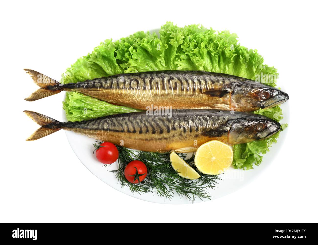 Plate with tasty smoked fish isolated on white Stock Photo - Alamy