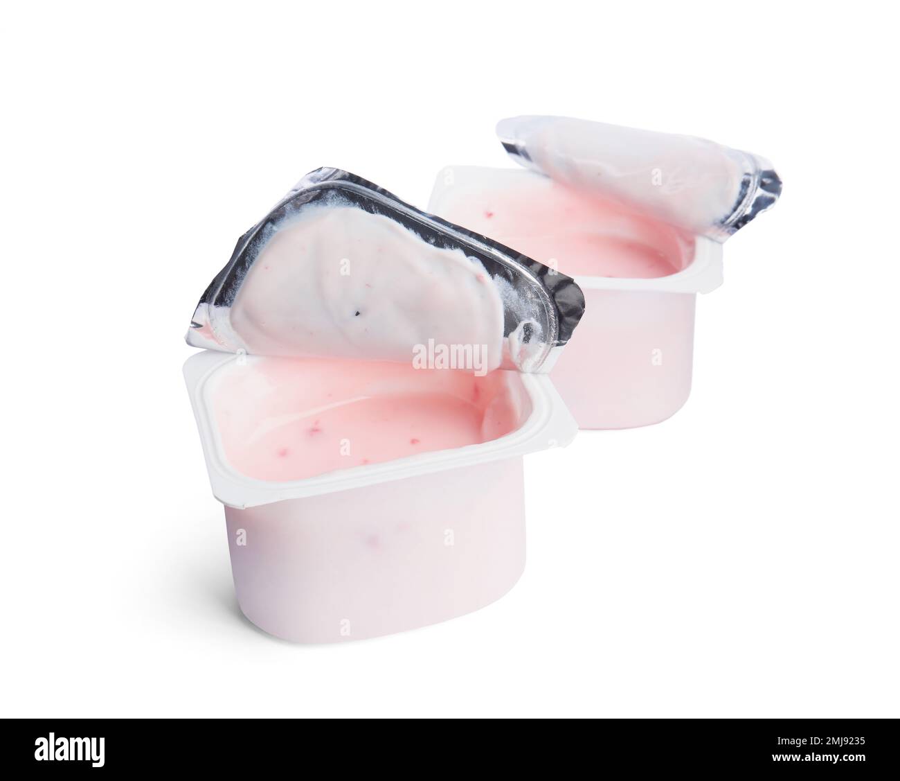 Tasty organic yogurt in plastic cups isolated on white Stock Photo - Alamy