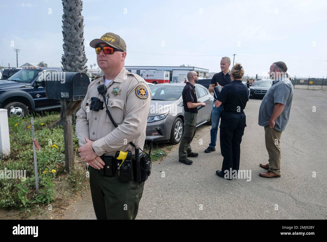 A Ventura County Sheriff's deputy stands guard outside of the U.S ...