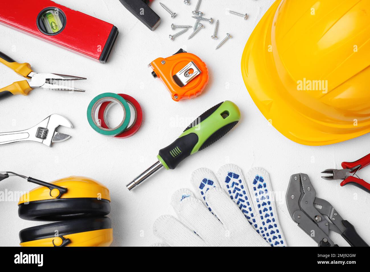 Flat lay composition with construction tools on white background Stock ...