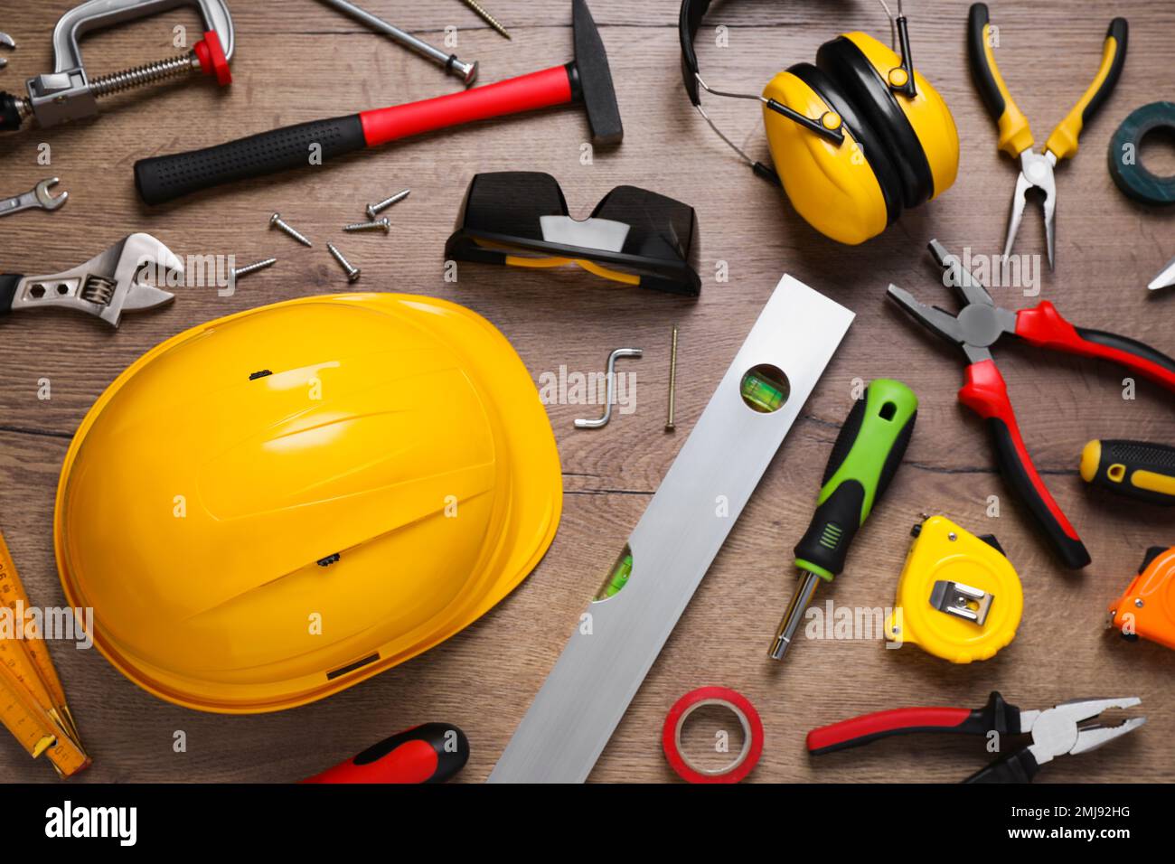 Flat lay composition with different construction tools on wooden ...