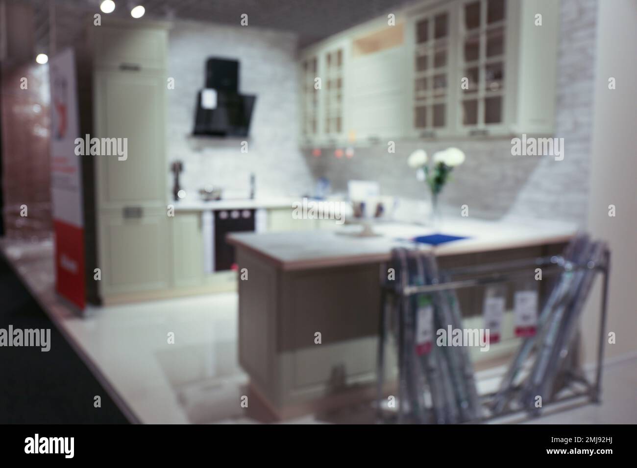 Blurred view of kitchen interior with modern furniture Stock Photo - Alamy