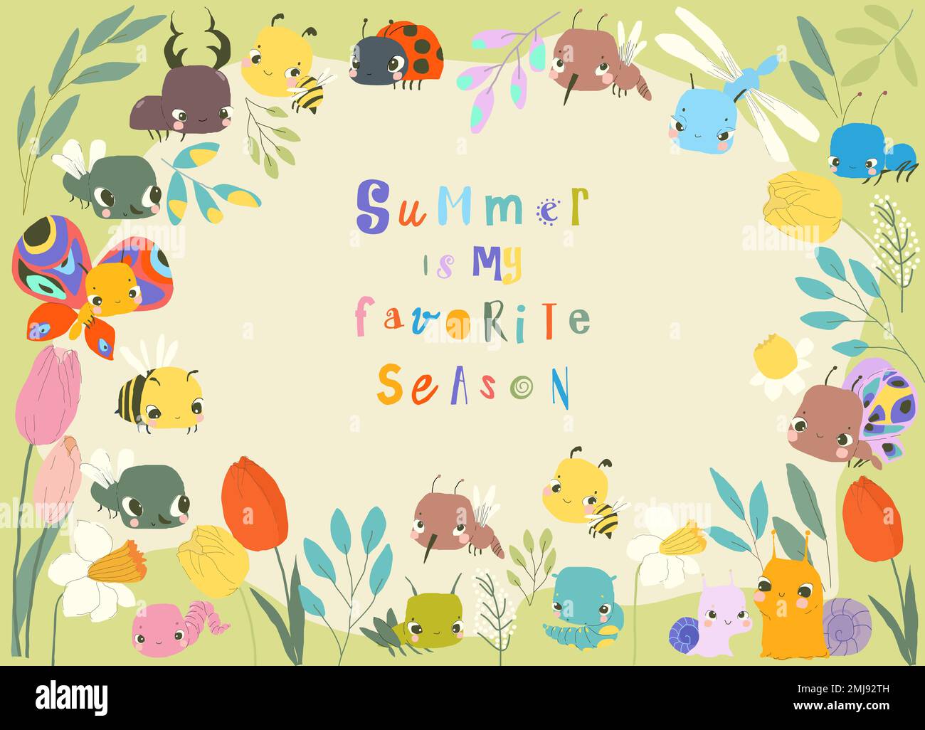 Cartoon Frame with Cute Baby Insects, Flowers and Plants Stock Vector ...