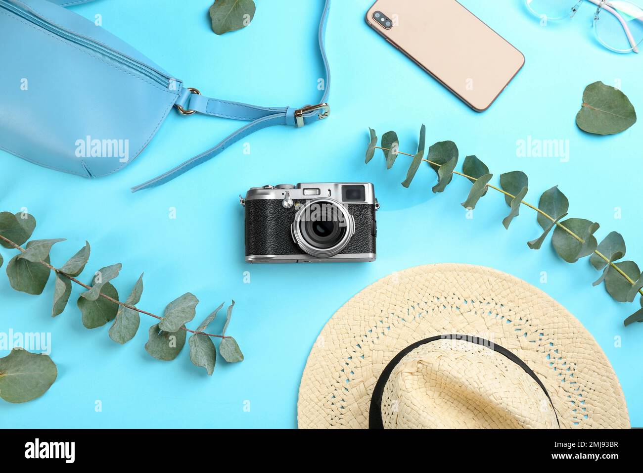 Flat lay composition with camera for professional photographer on light ...