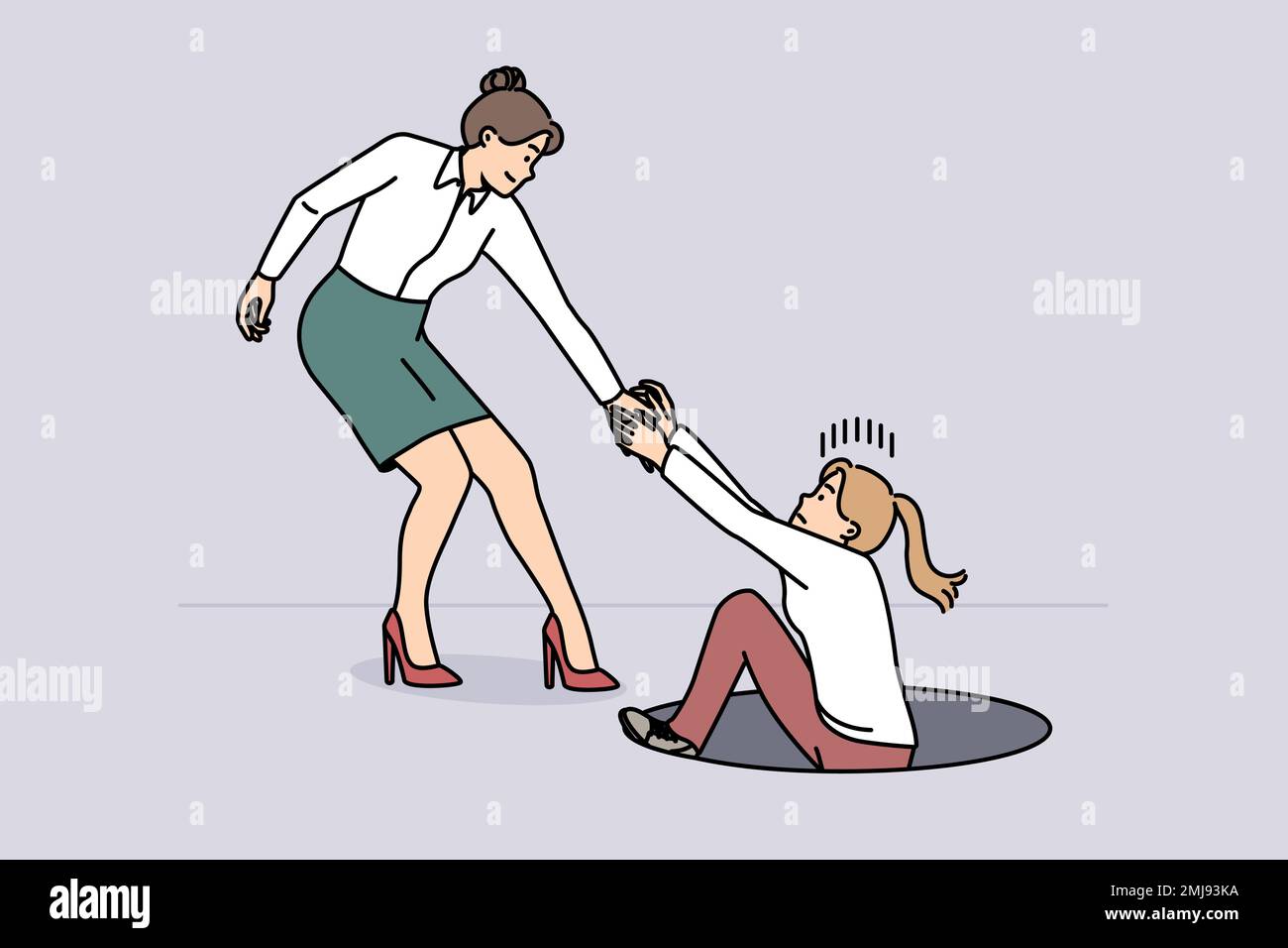 Businesswoman give hand to colleague in need rescue female employee ...