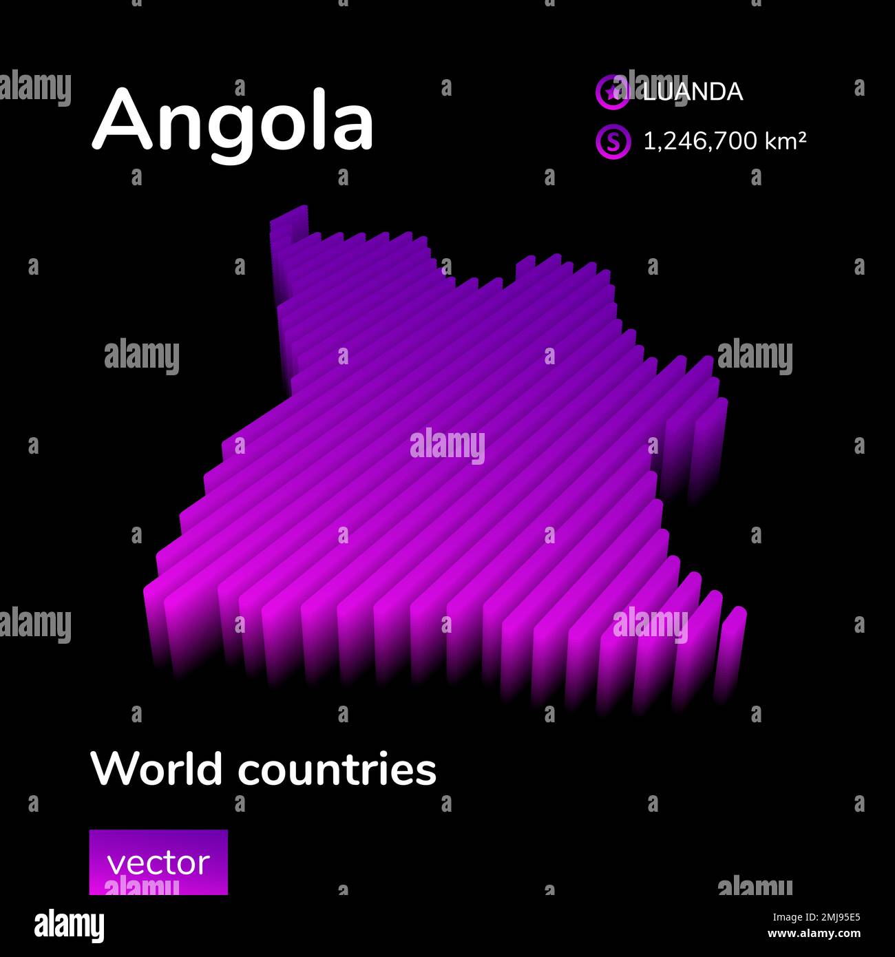 Stylized neon digital isometric striped vector Angola map with 3d ...