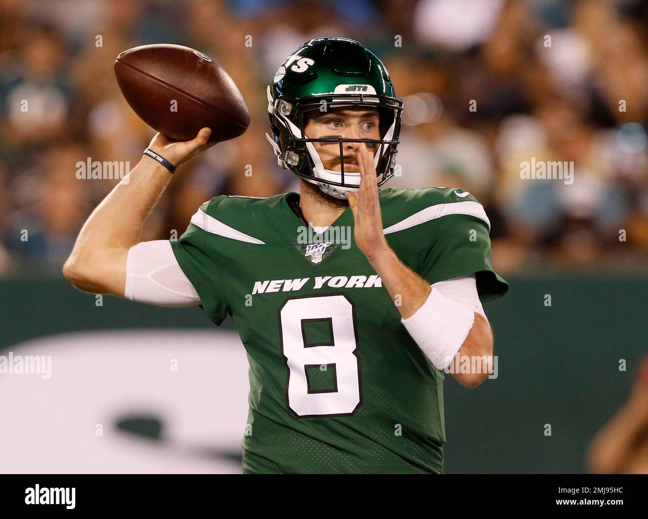 New York Jets quarterback Luke Falk throws a pass against the Philadelphia Eagles during a ...