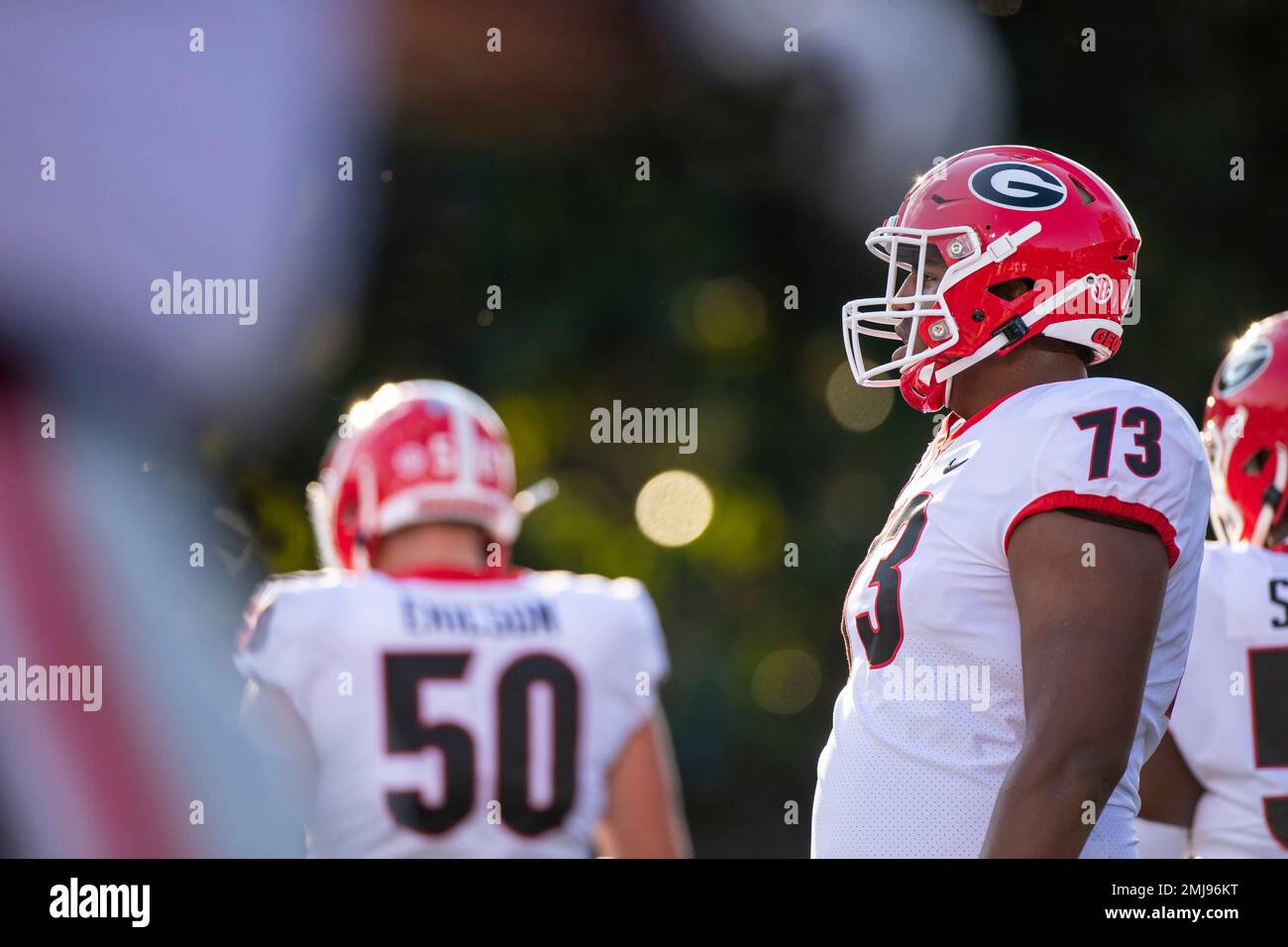 Georgia Bulldogs offensive lineman Xavier Truss (73) warms up before ...