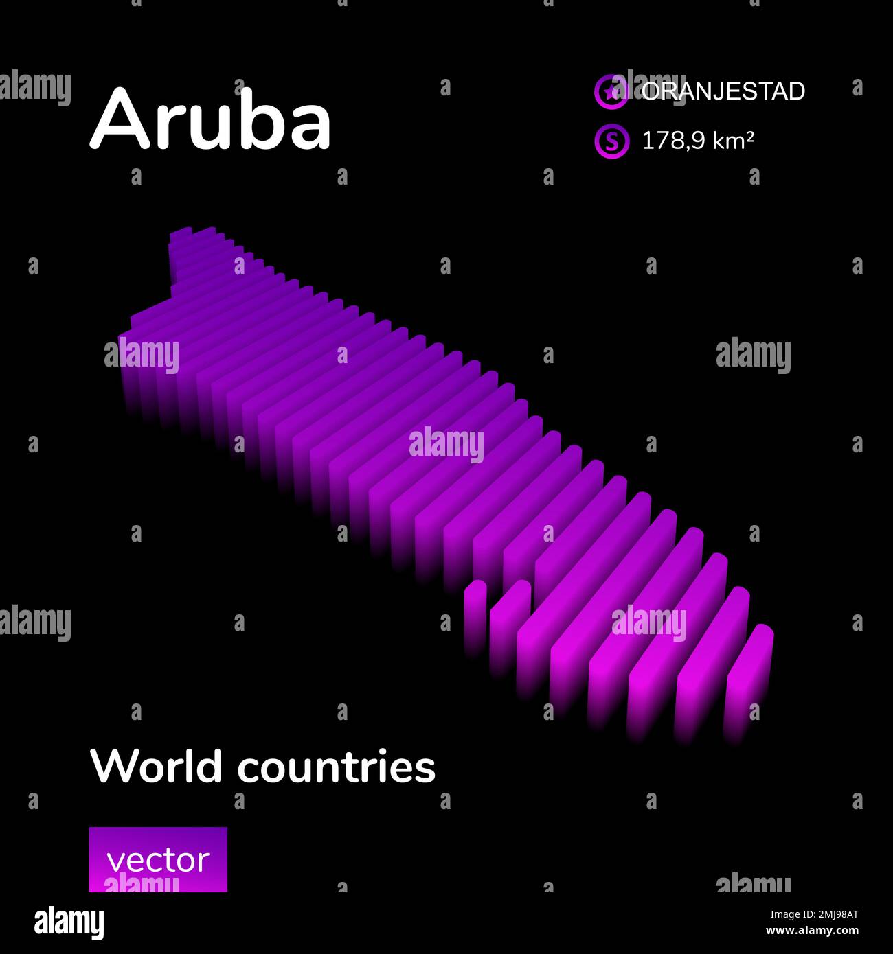 3D map of Aruba, Holland. Stylized neon isometric striped vector Aruba ...