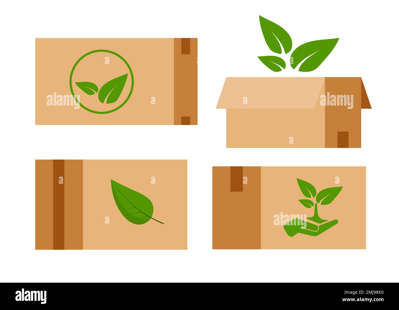 Sustainable recycle cardboard box with green leaves icon set isolated ...